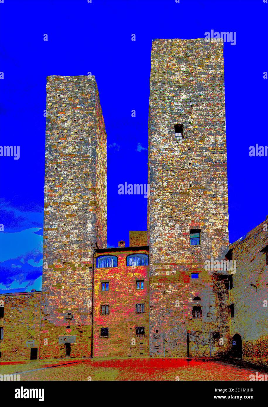 digital art - Two strange twin towers in San Gimignano Stock Photo - Alamy