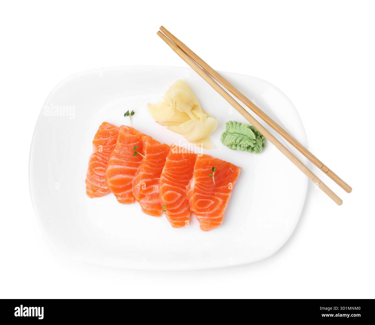 Fresh salmon sashimi with microgreens, wasabi, ginger and chopsticks ...