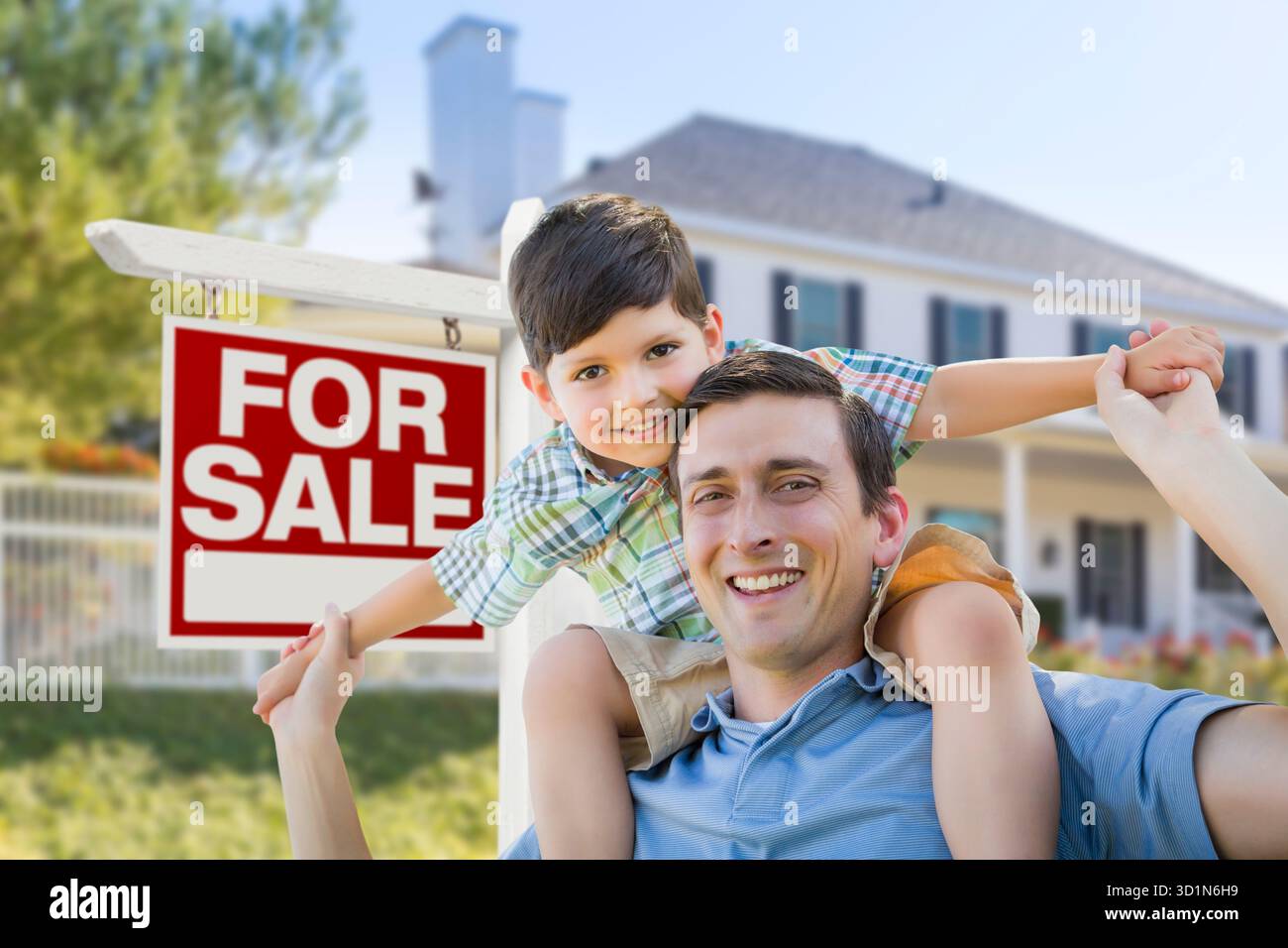 Mixed Race Father, Son Piggyback, Front of House, Sale Sign Stock Photo ...