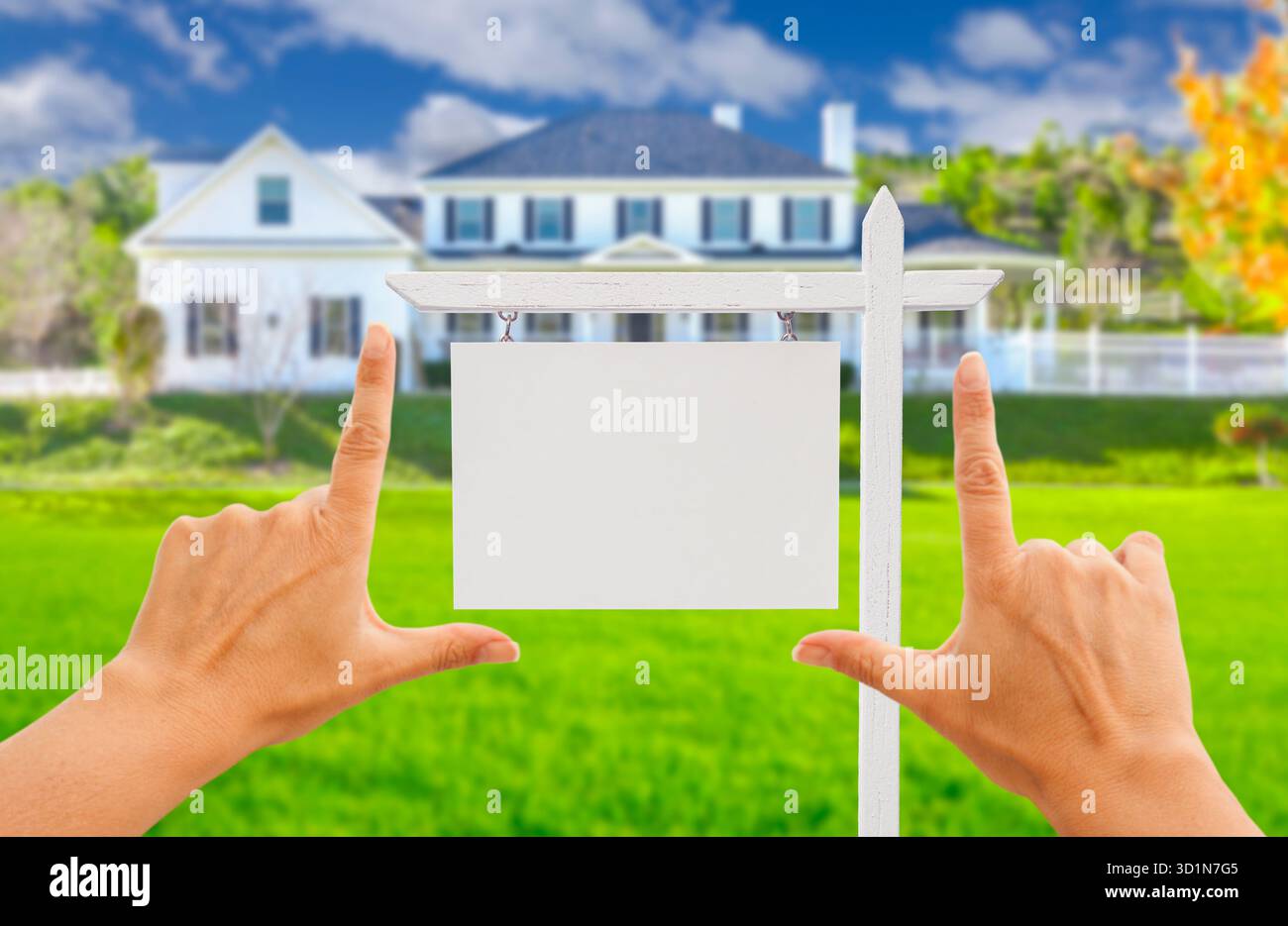 Hands Framing Blank Real Estate Sign and New House Stock Photo - Alamy