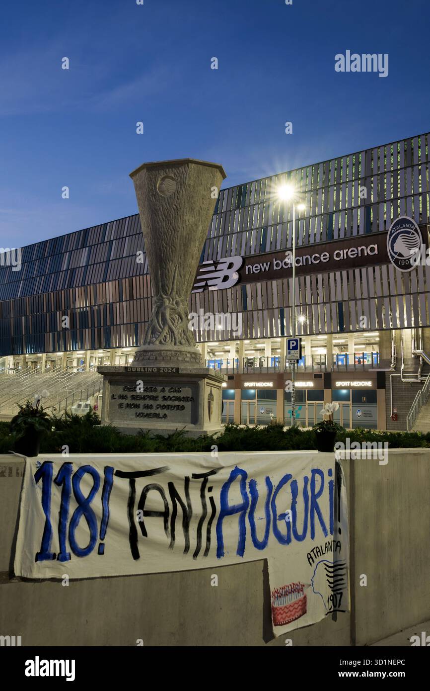 A general view shows the statue of the 2024 Europa League trophy won in ...