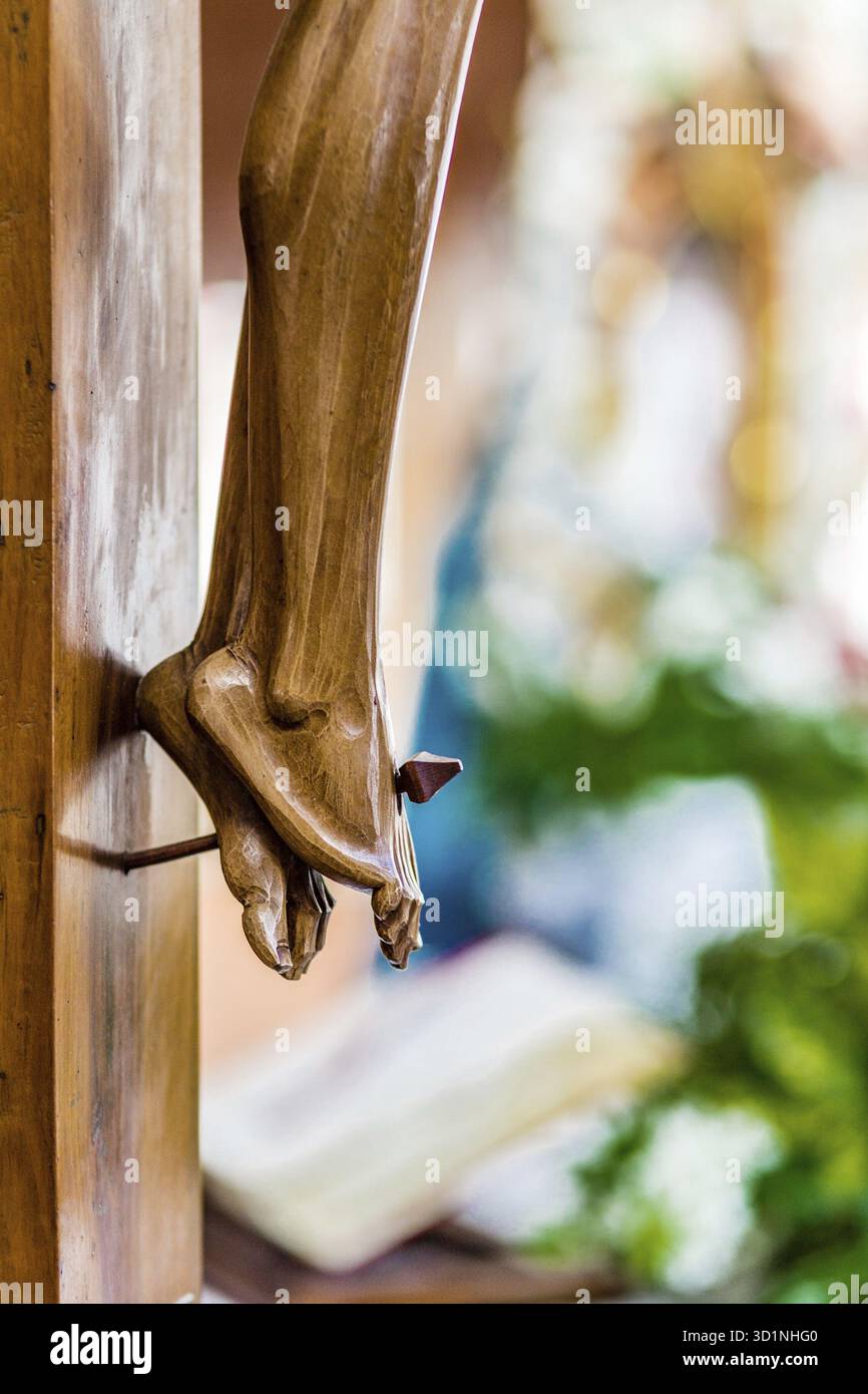 Nailed feet, detail of wooden statue of Jesus Christ crucified Stock ...