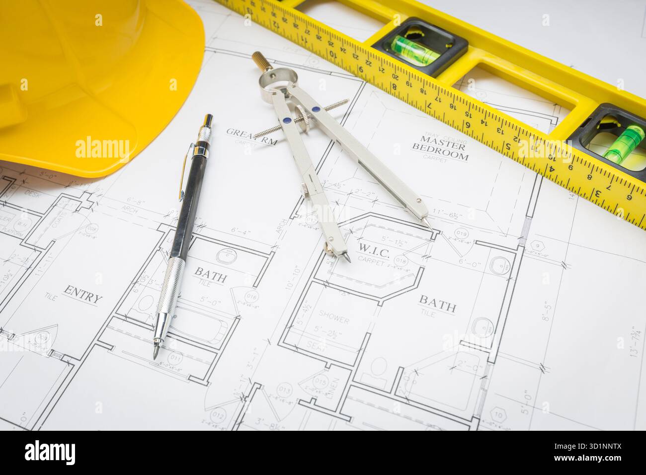 Hard Hat, Pencil, Level and Compass Resting on House Plans Stock Photo ...