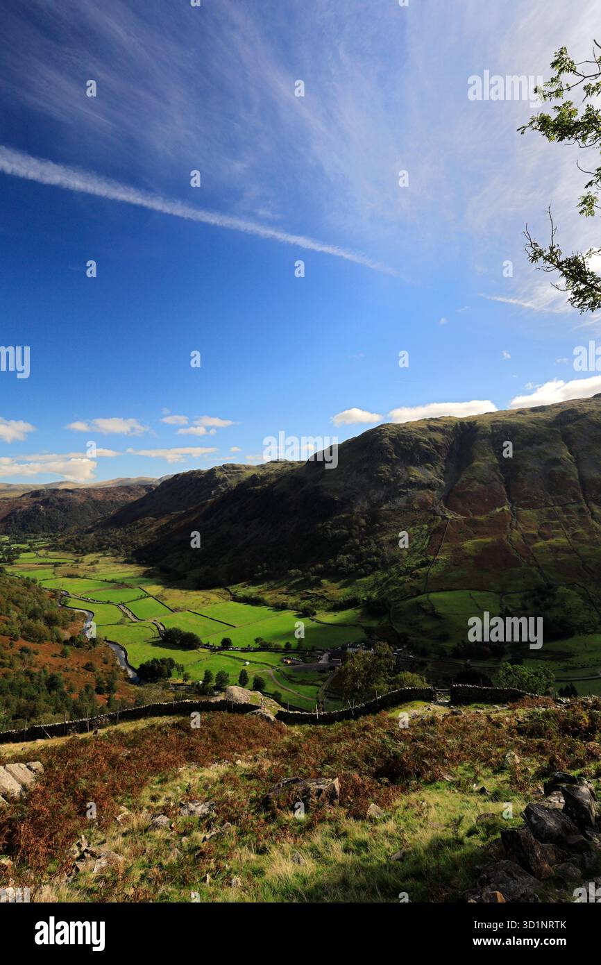 Summer view down the Seathwaite Valley, Borrowdale, Lake District ...