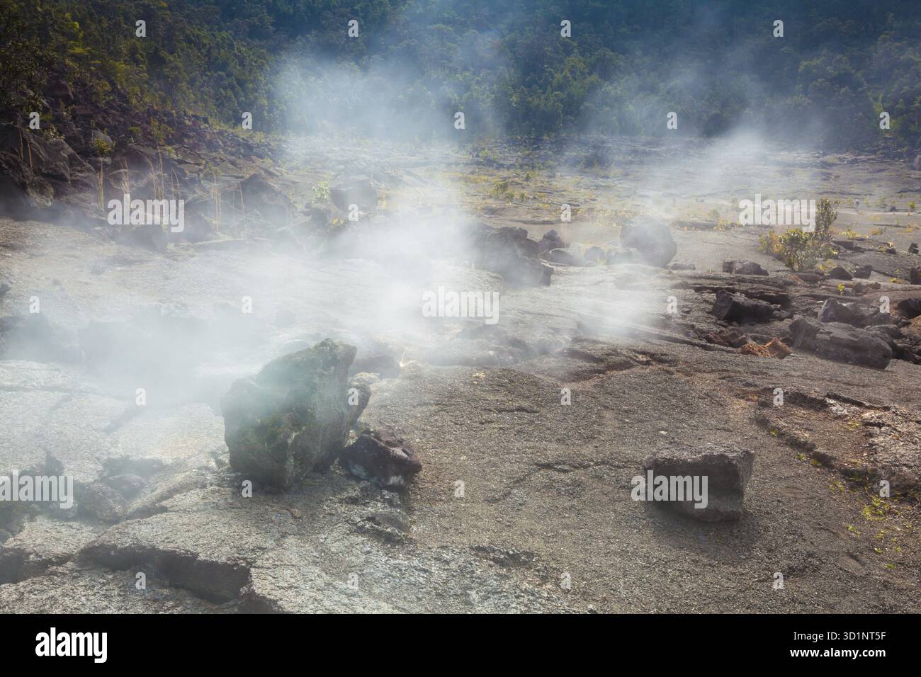 Barren bottom of Kilauea Crater with sulfur gas vents in Hawaii ...