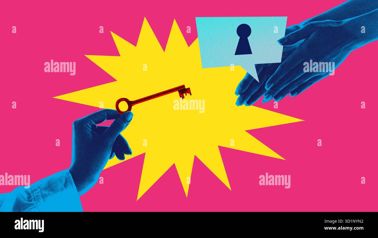 Digital artwork. Hands passing vintage key symbol with film grain ...
