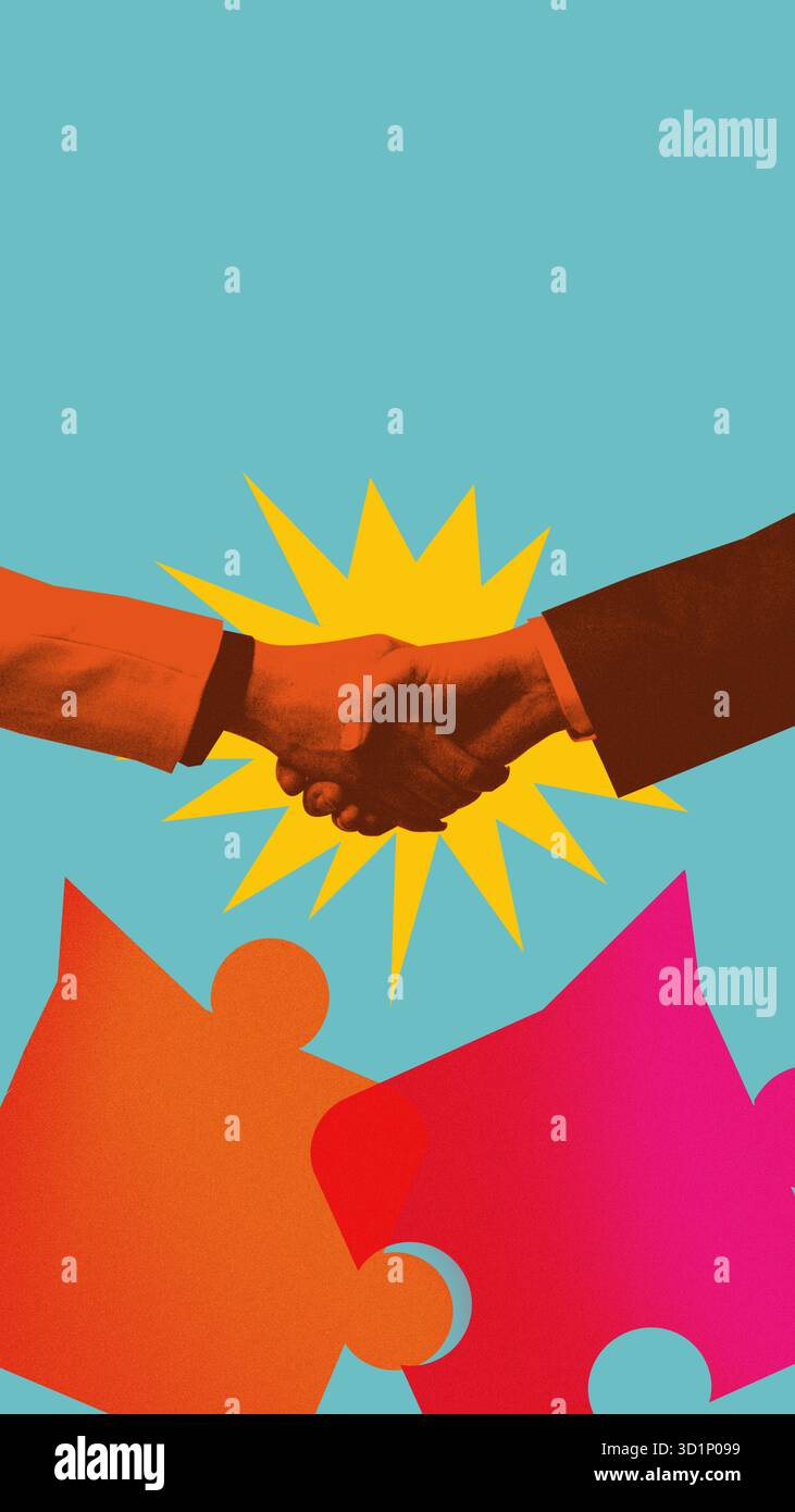 Bold colorful poster. Business handshake with puzzle pieces and film ...