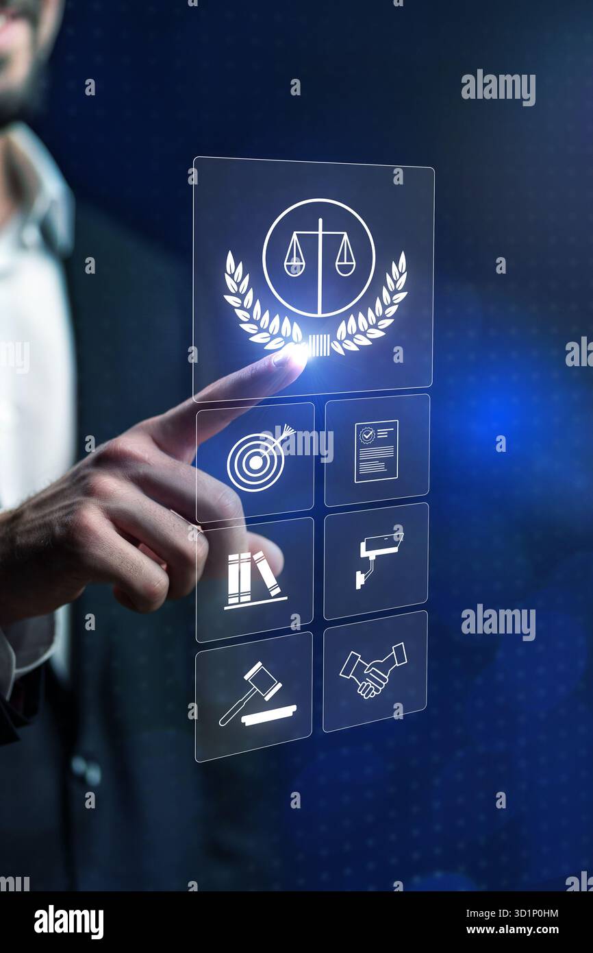 Digital interface with legal symbols and icons used in modern law ...