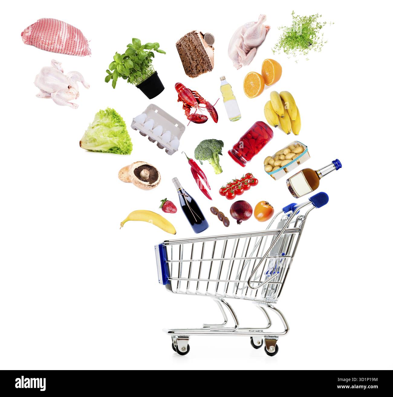 Shopping cart with grocery goods isolated on white Stock Photo - Alamy