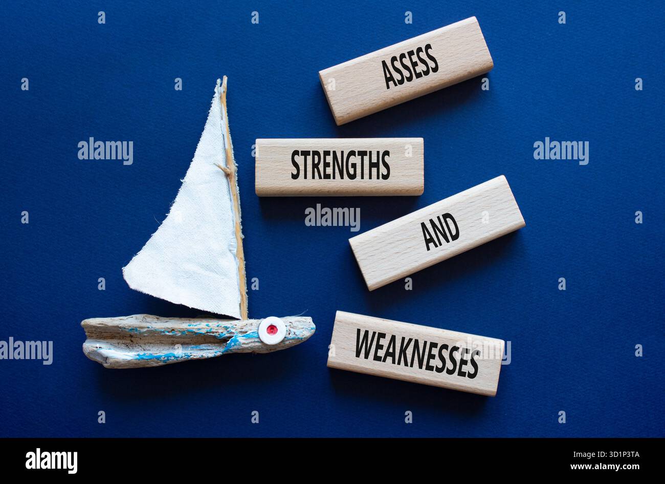 Strengths and Weaknesses symbol. Wooden blocks with words Assess ...