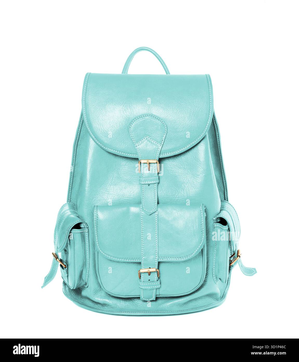 Cyan leather backpack standing isolated on white background Stock Photo ...