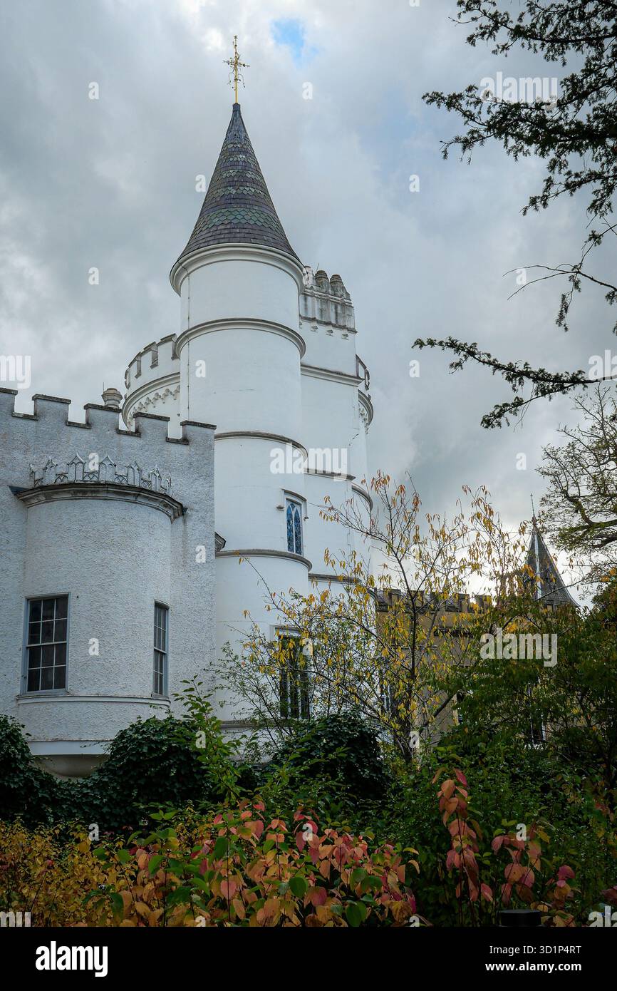 White Gothic Revival Castle Tower in Autumn Stock Photo - Alamy