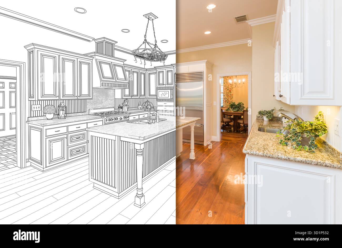 Split Screen Of Drawing and Photo of New Kitchen Stock Photo - Alamy