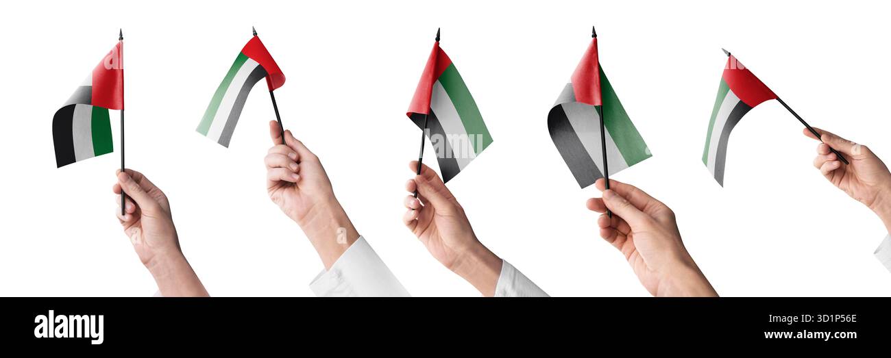 The Arab Emirates flag in hand in different angles on a white ...