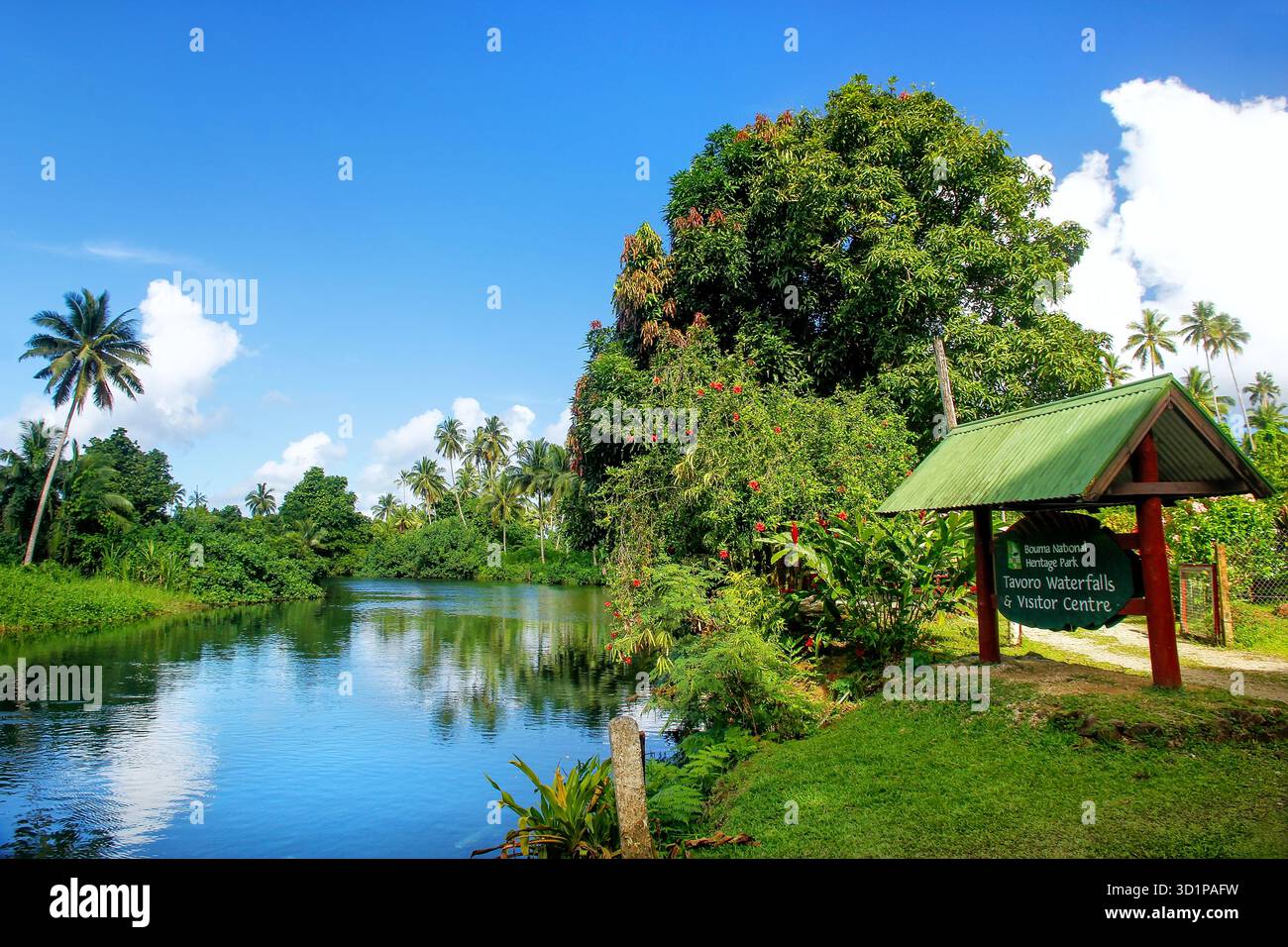 Park board by the river in Bouma National Heritage Park on Taveuni ...