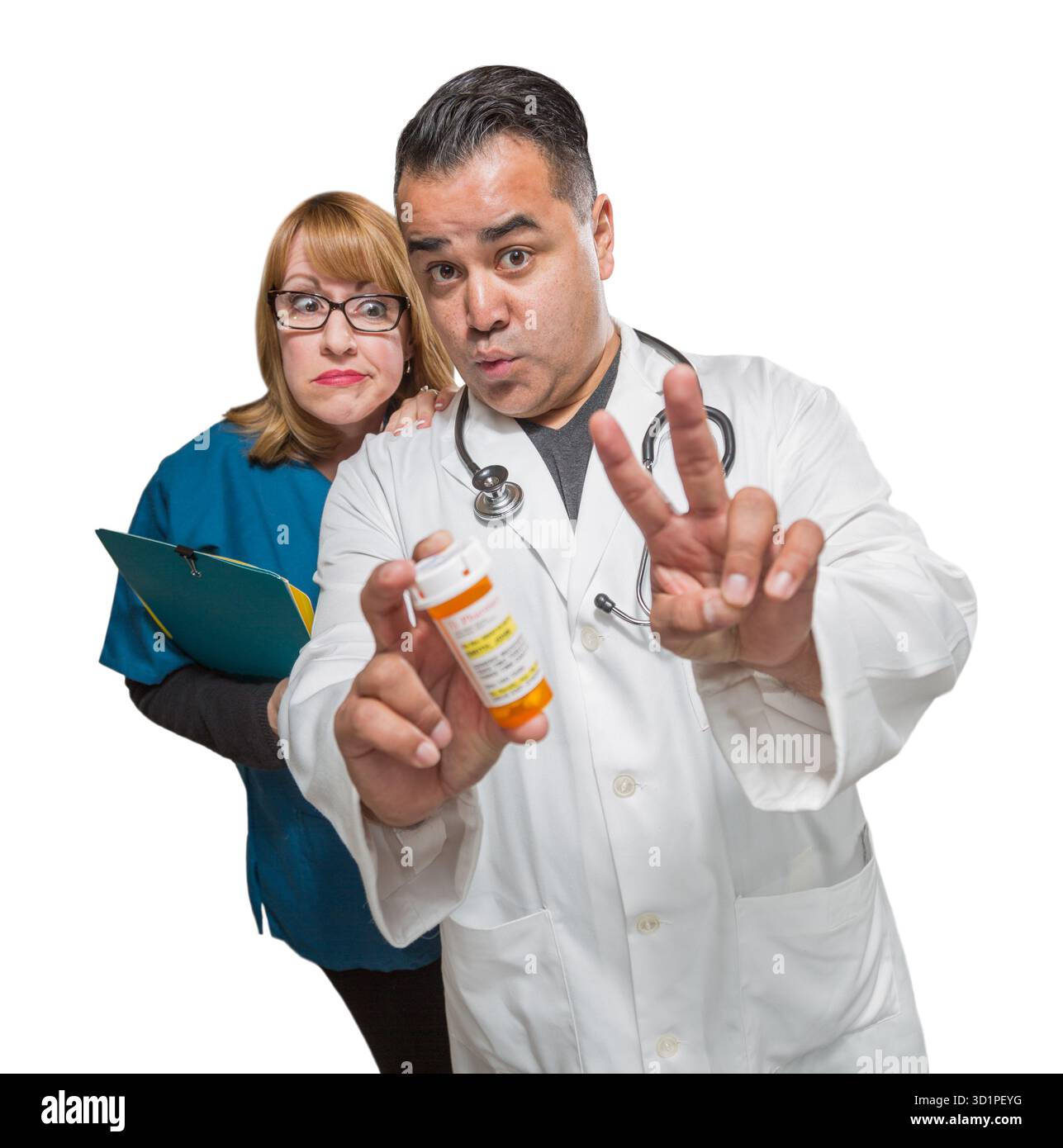 Goofy Doctor and Nurse with Prescription Bottle Isolated on a White ...