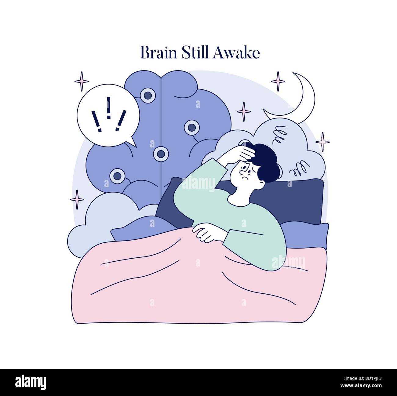 Vector illustration of a person struggling to sleep, holding their head ...