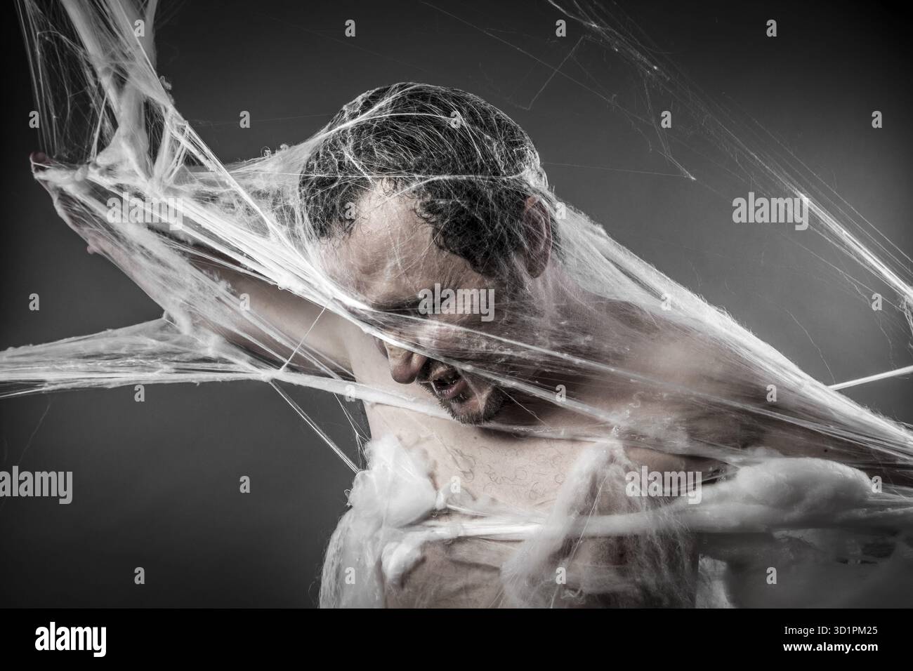 Spiderweb.man tangled in huge white spider web Stock Photo - Alamy