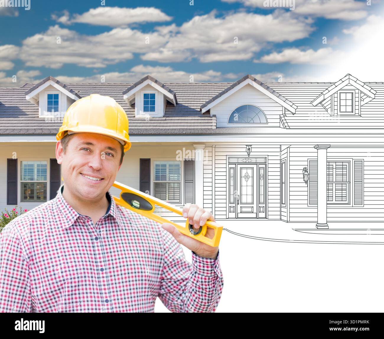 Male Contractor Wearing Hard Hat In Front of House Drawing Gradation ...