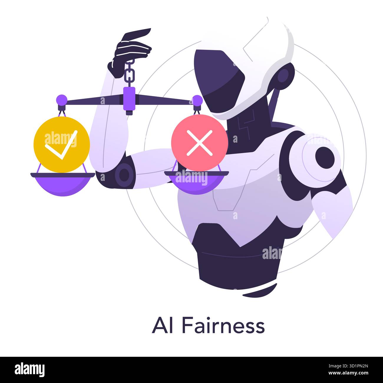 AI-themed vector illustration depicting a robot holding a balance scale ...