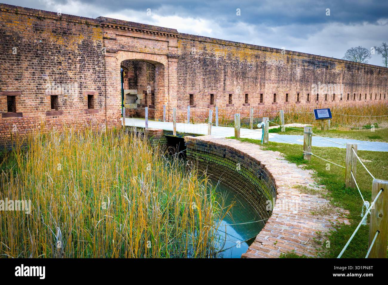 The outer walls, gun embrasures, and main gate of Old Fort Jackson near ...