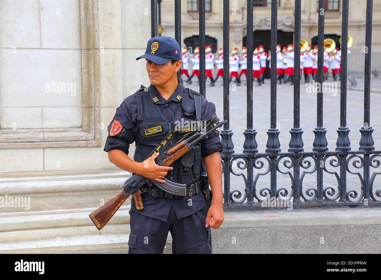 Policman standing near Government Palace in Lima, Peru. Peruvian ...