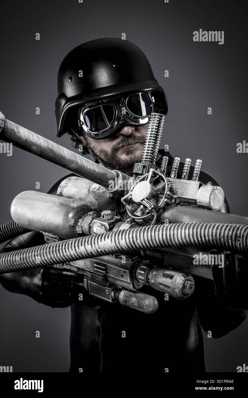 Starfighter with huge plasma rifle, fantasy concept, military helmet ...