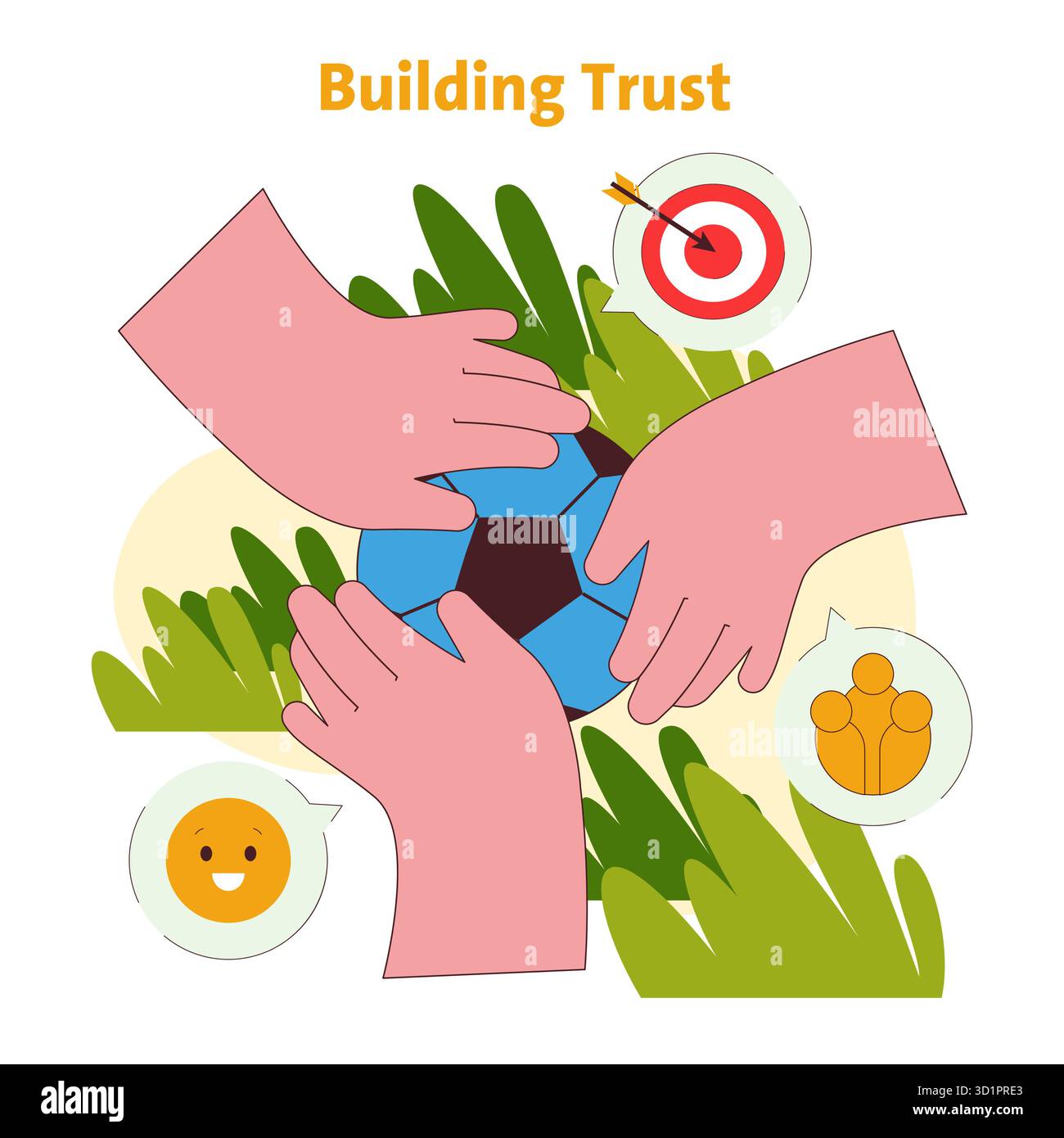 Hands joining on a ball symbolize collaboration and trust-building ...