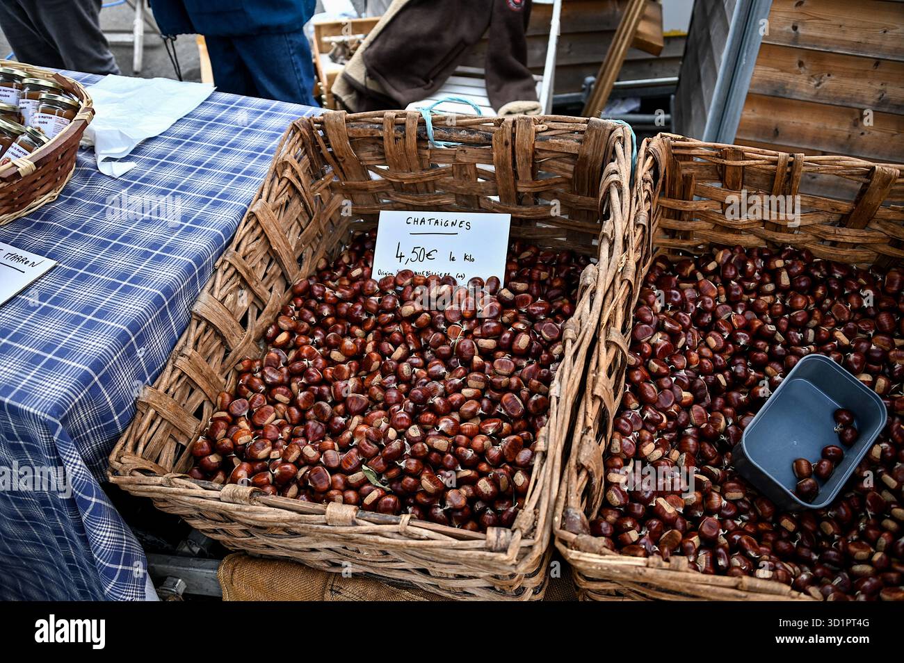 Chestnuts in large woven baskets are seen on a stand, during the 34th ...