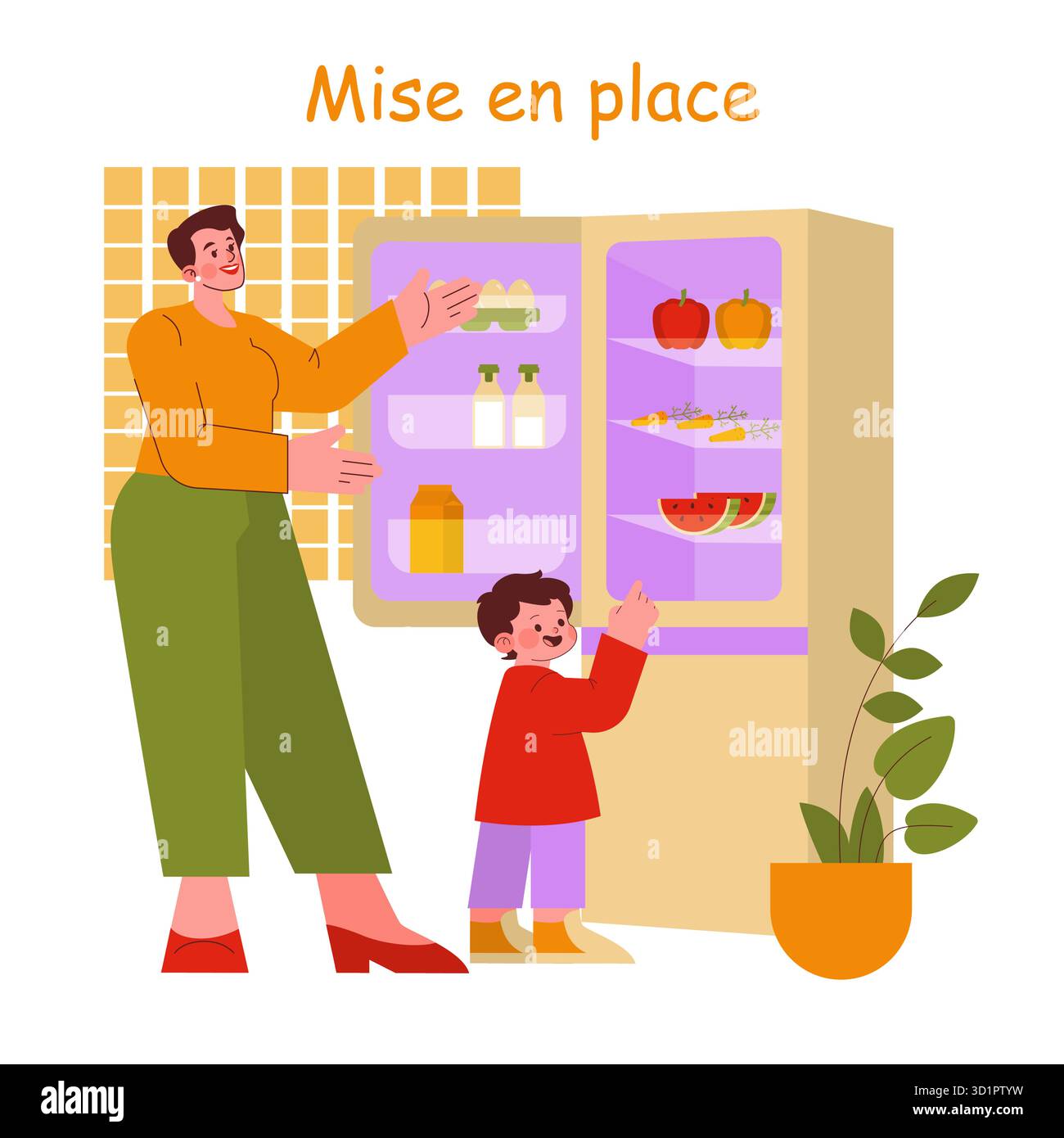 A mother and child are organizing items in a refrigerator with visible ...