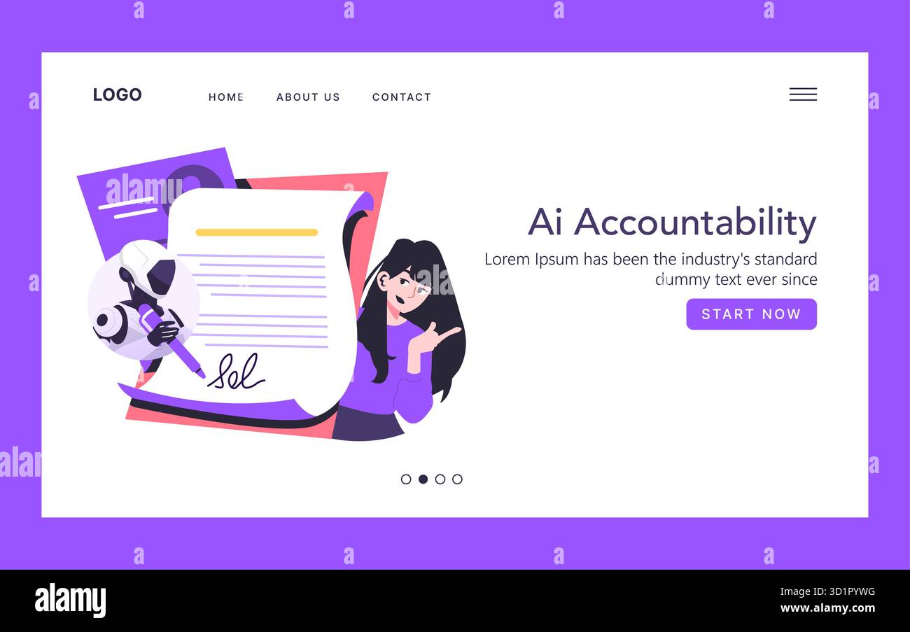 AI robot depicted signing a document, symbolizing AI accountability. A ...