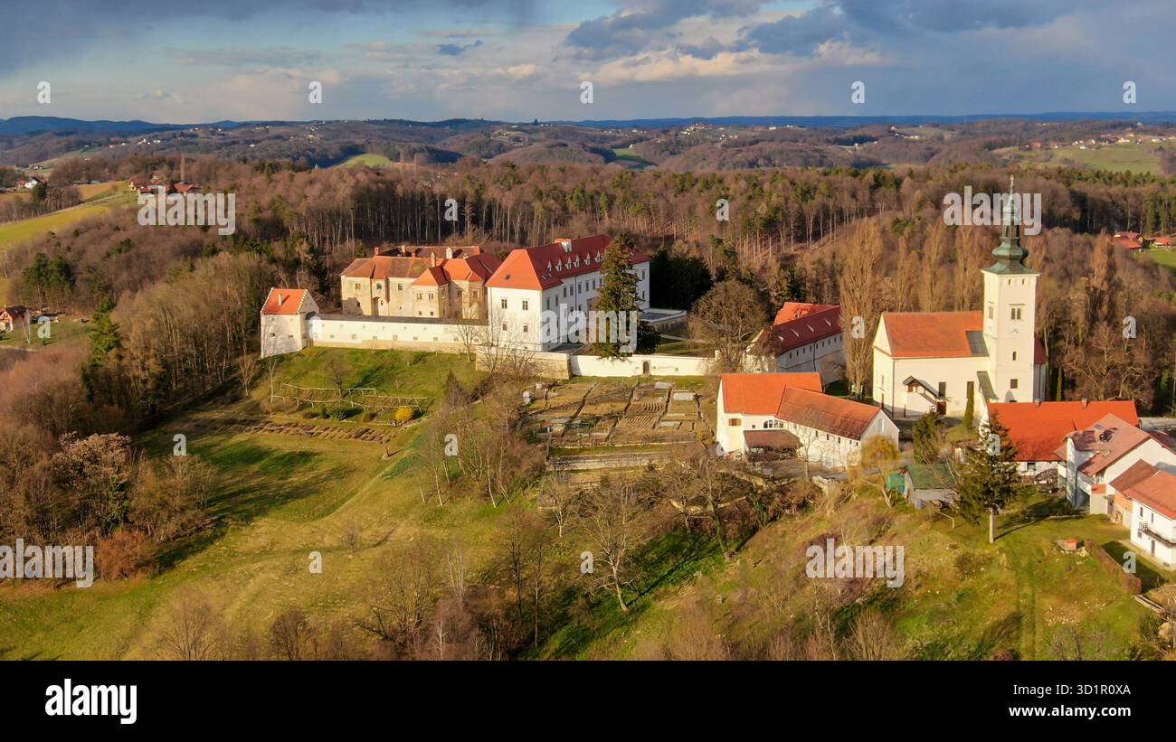 Aerial view of the medieval-renaissance Negova castle complex with the ...