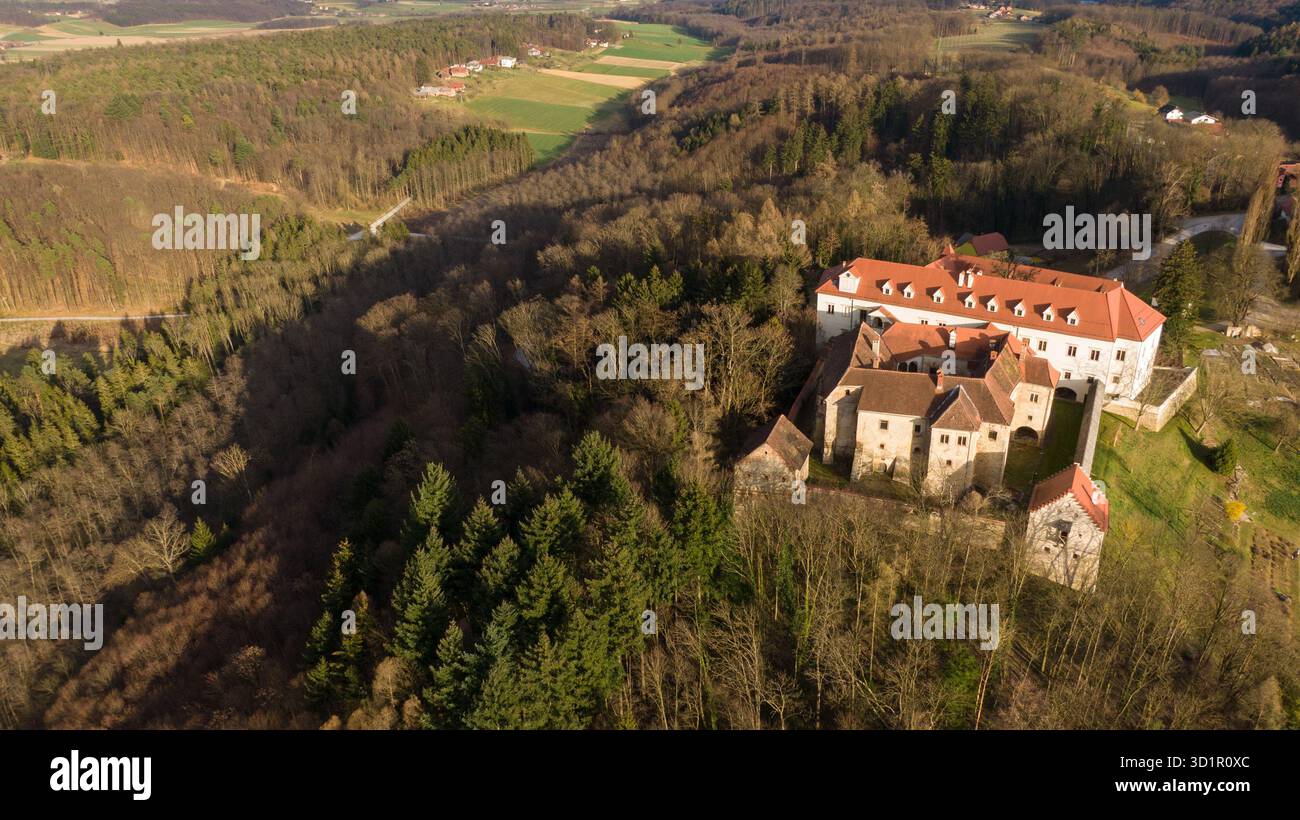 Aerial view of the medieval-renaissance Negova castle complex with the ...