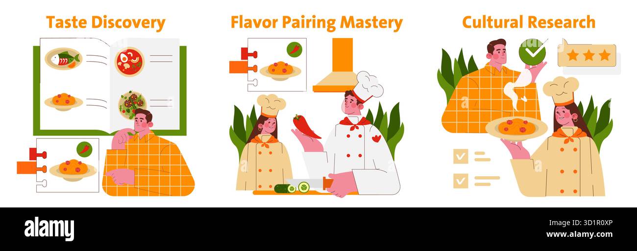 Vector illustration depicting chefs engaged in culinary exploration and ...