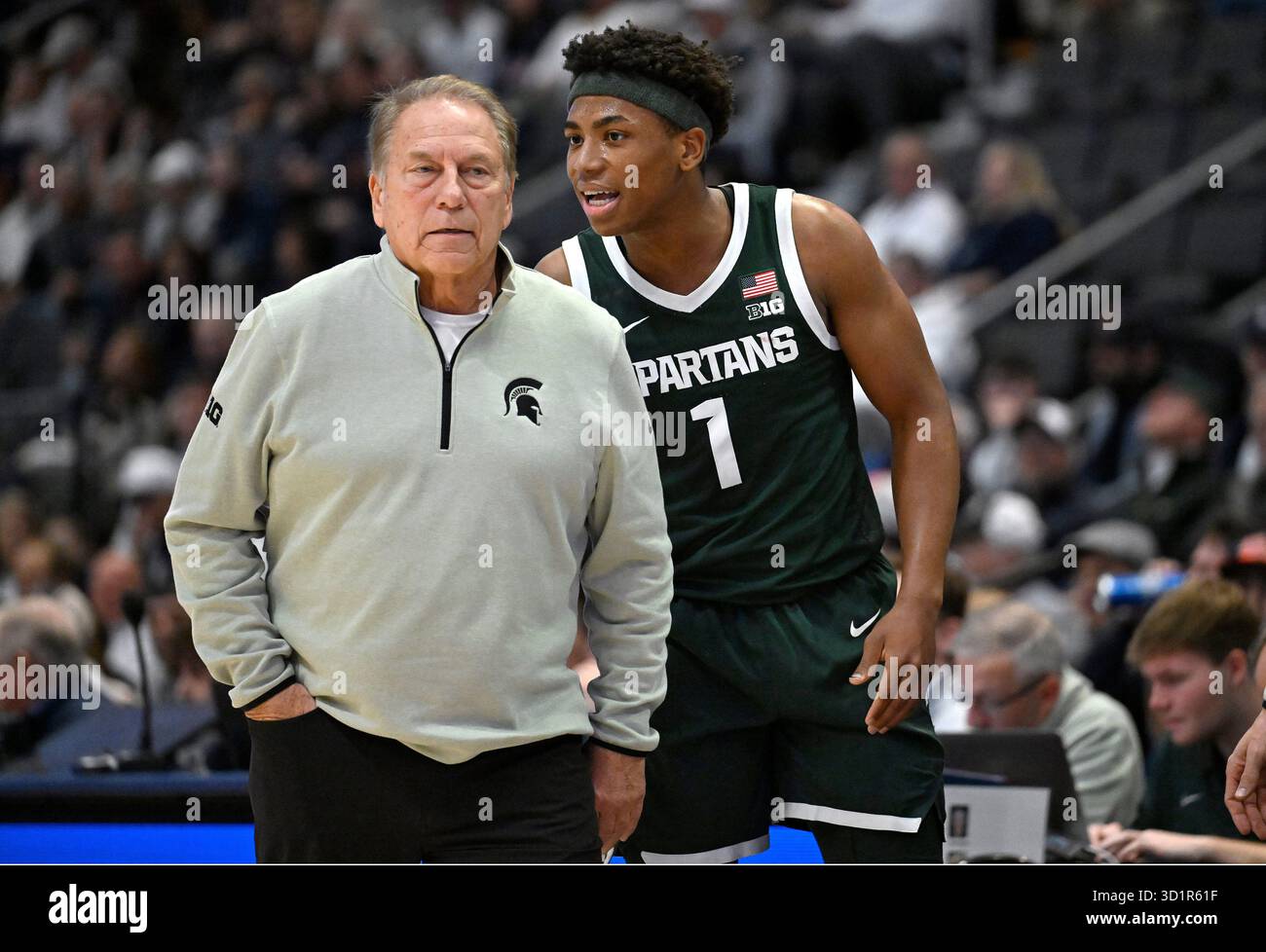 Michigan State guard Jeremy Fears Jr. (1) talks with Michigan State ...