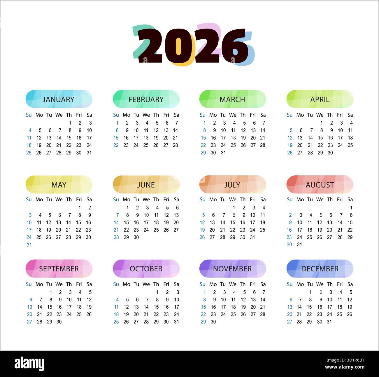 Rainbow calendar Year 2026. vector calendar. The week starts on Sunday ...