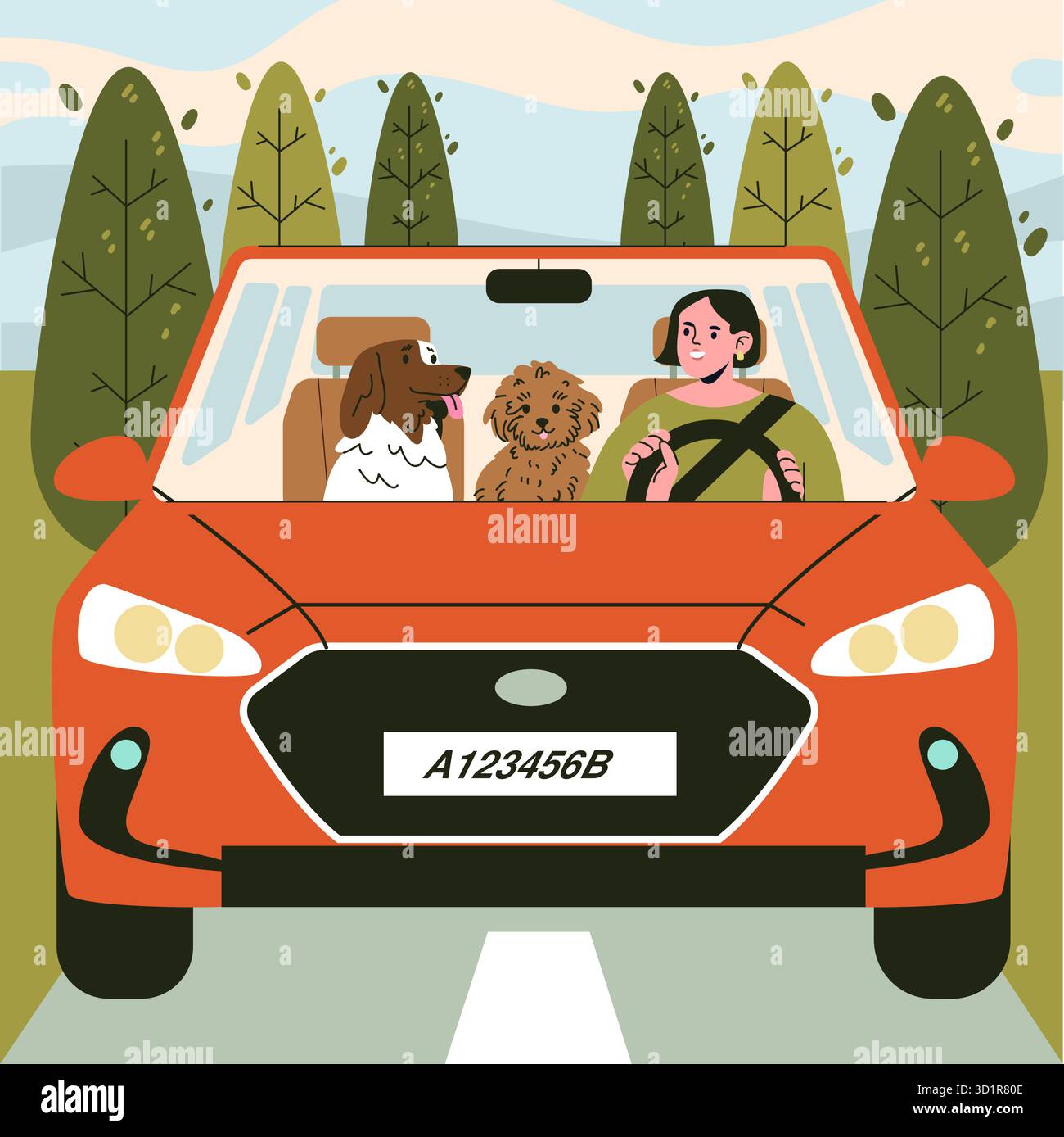 Vector illustration of a woman driving an orange car accompanied by two ...