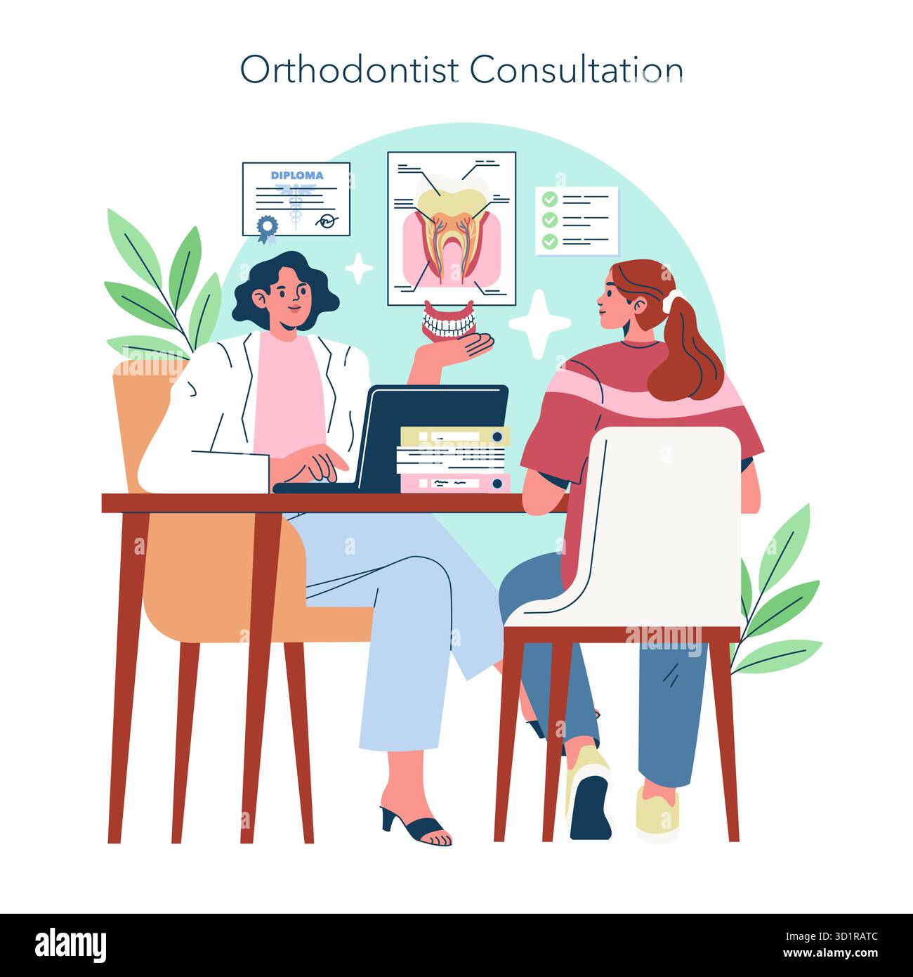 Vector illustration of an orthodontist consulting a patient at a desk ...