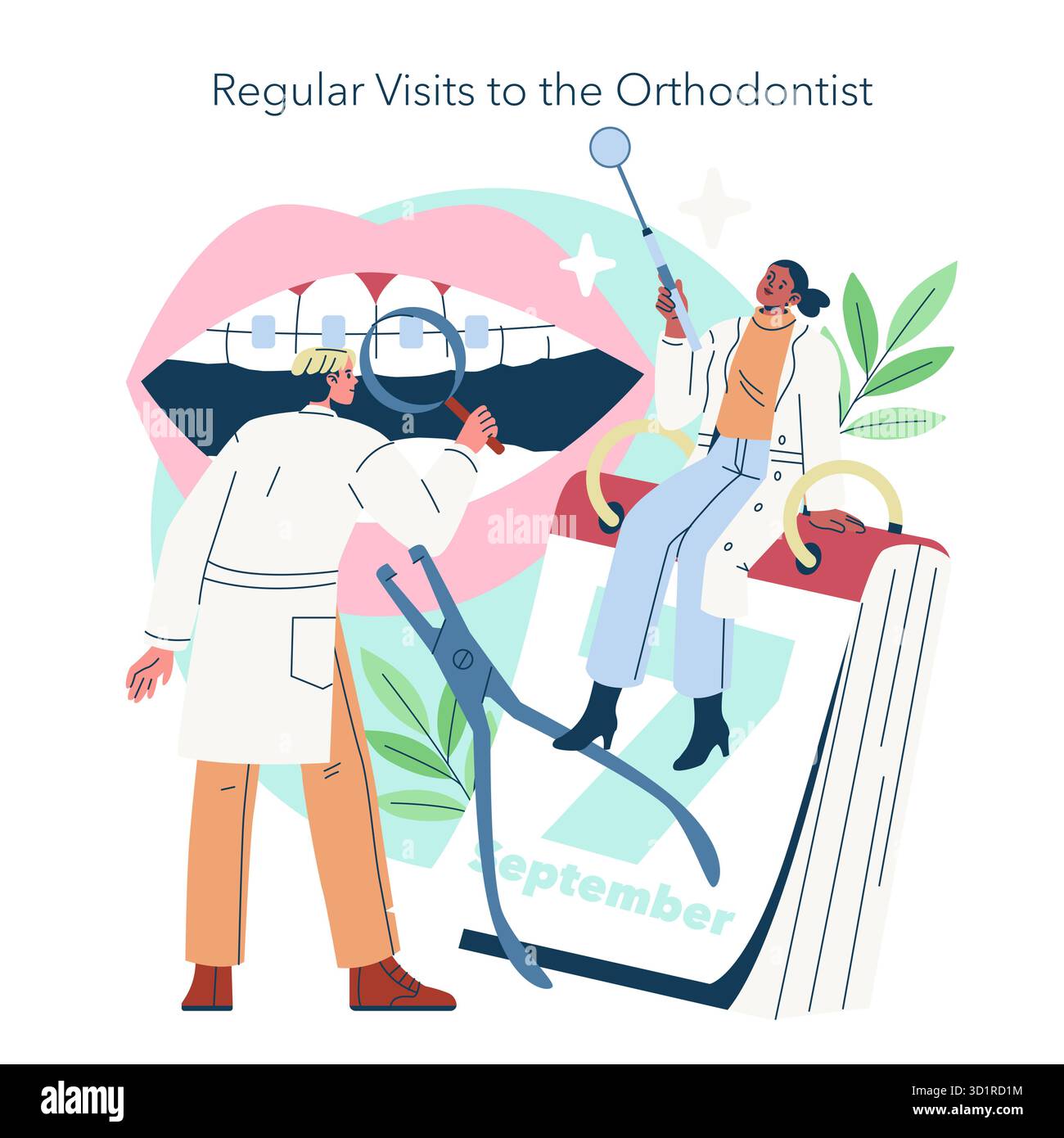 Vector illustration depicting an orthodontist performing a dental ...
