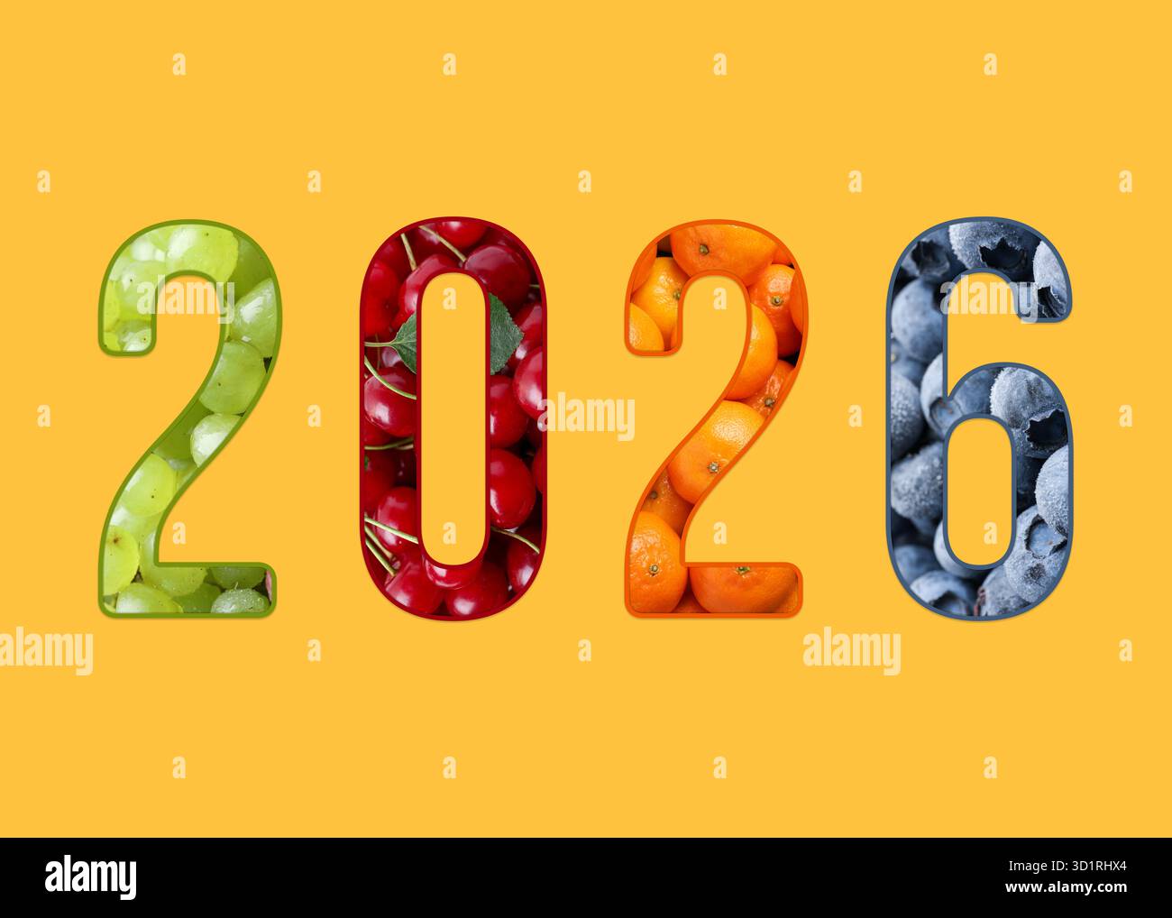 Numbers 2026 with fruits inside on orange background. New Year card ...