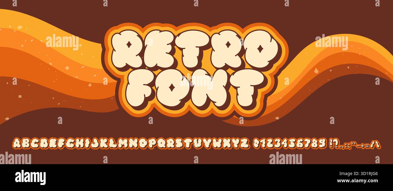 Groovy 70-s retro font. Alphabet with letters, numbers and sighns and ...