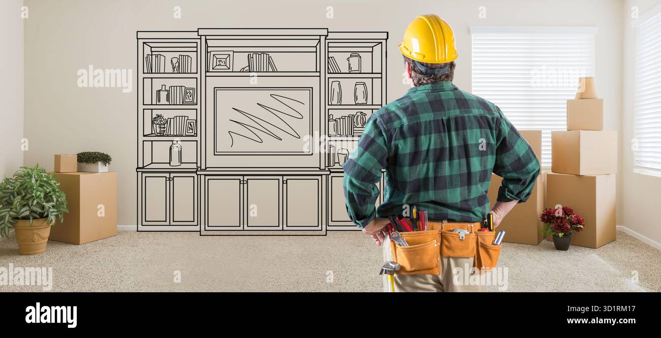 Contractor Inside Room With Boxes Facing Entertainment Unit Drawing On ...
