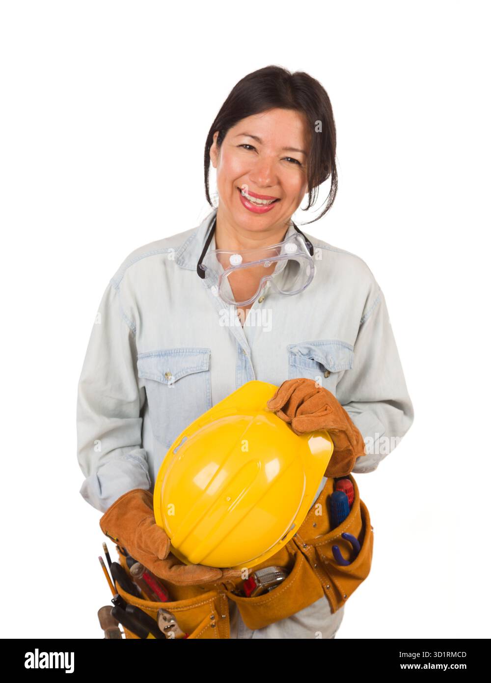 Hispanic Female Contractor Wearing Goggles, Hard Hat and Goggles ...