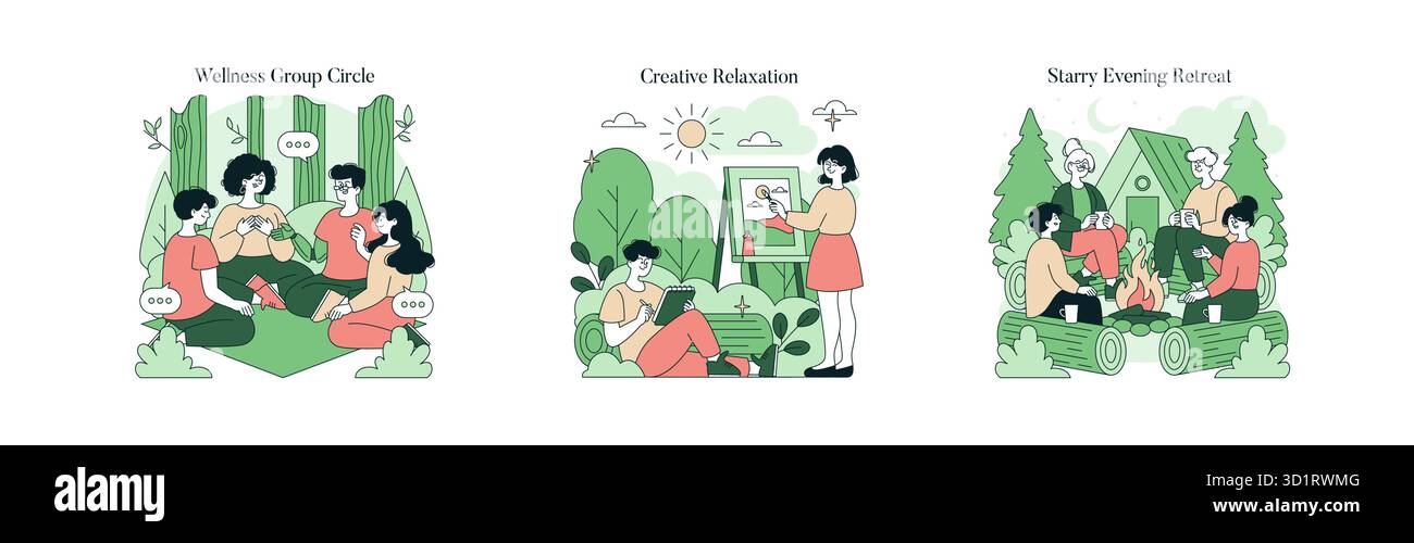 Vector illustration featuring three scenes. A group meditation circle ...
