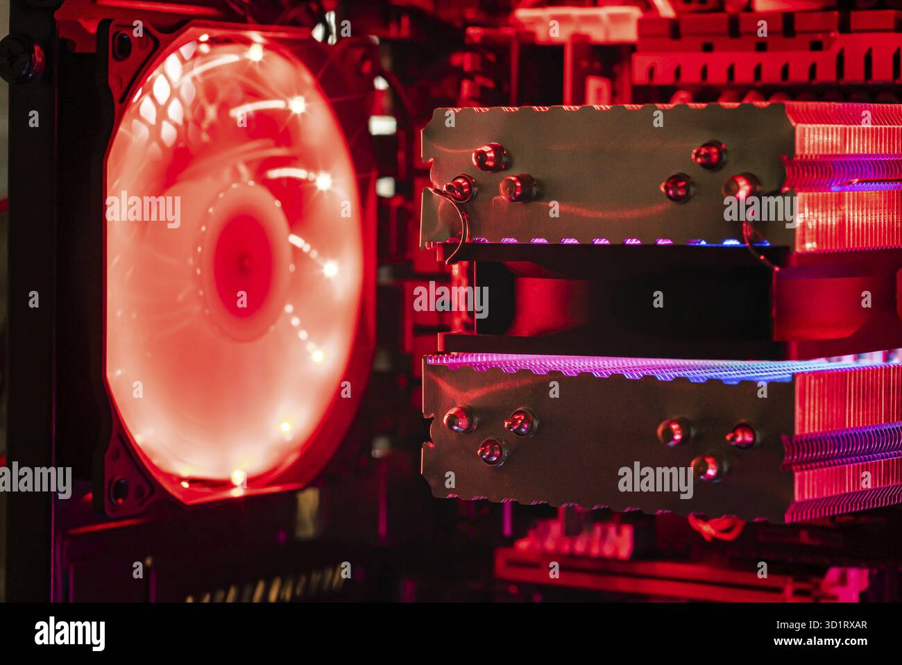 Deatil of a Pc processor heatsink inside a led illuminated gaming PC ...
