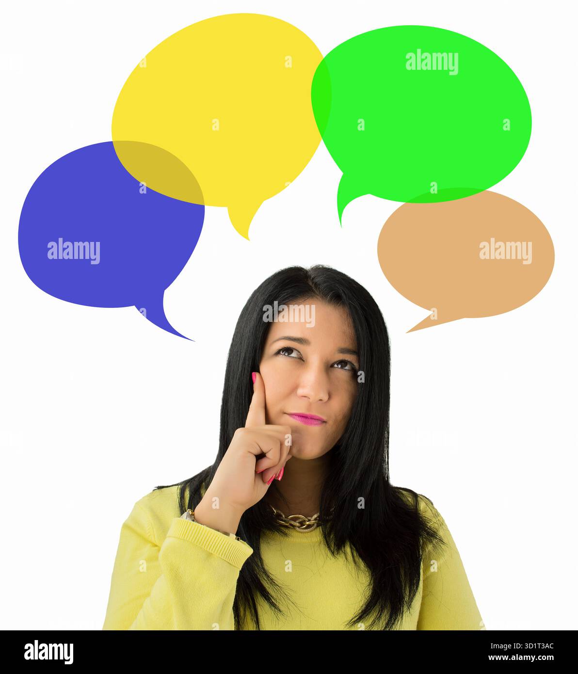 Thinking woman with many colorful chart bubbles on white background ...