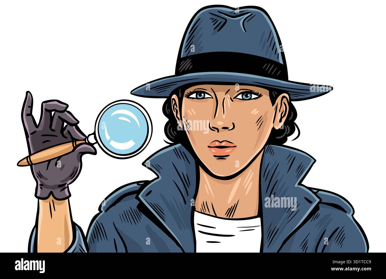 Pop art hand drawn vector illustration of a female detective holding a ...