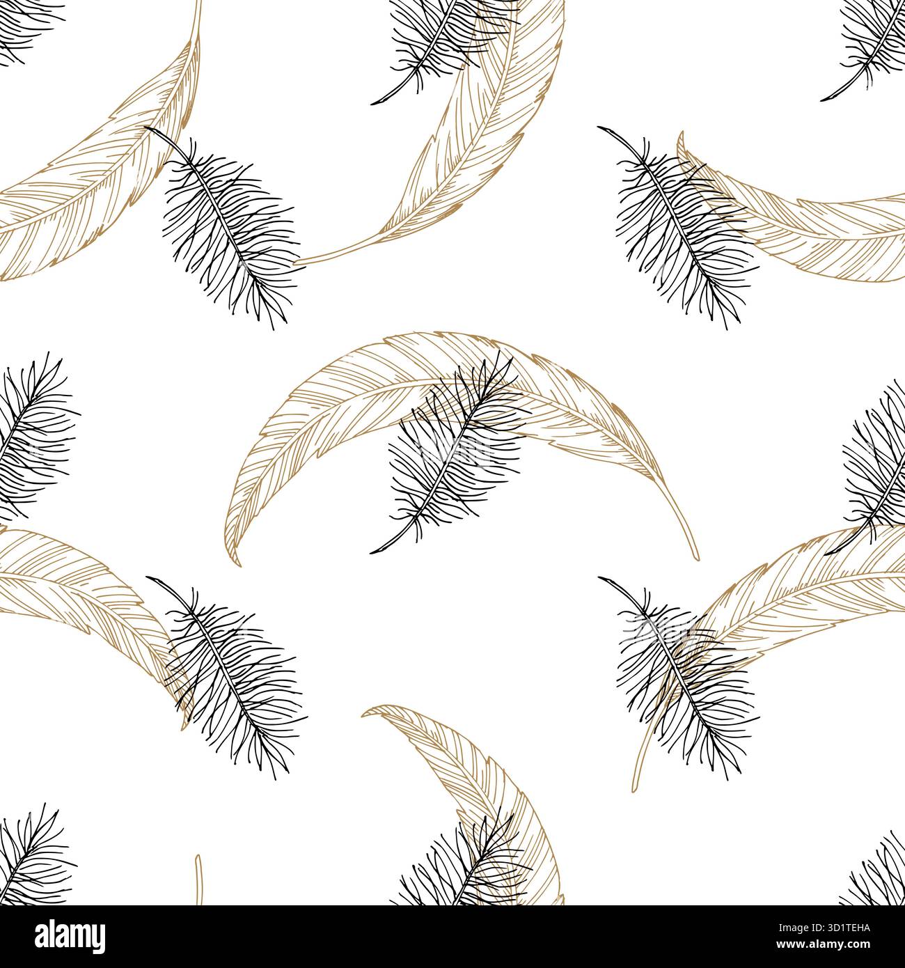 Seamless pattern of fluff and feathers. Vector ink styled handmade ...