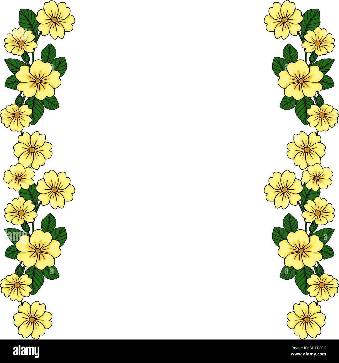 Decorative vector border with yellow primrose flowers and green leaves ...