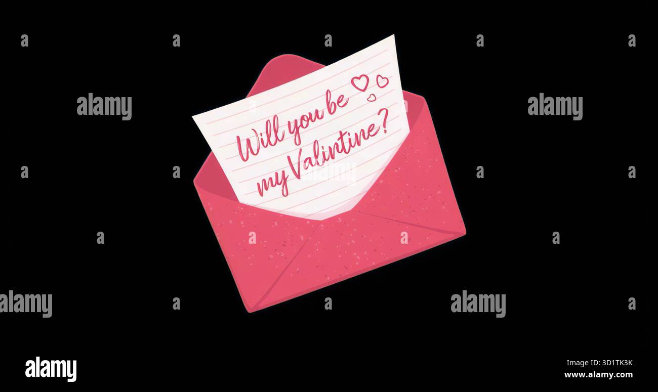 Revealing pink-red glitter envelope holding lined note with cursive ...